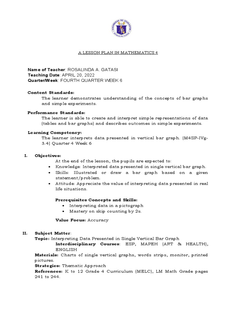 Lesson Plan in Mathematics 4 | PDF | Lesson Plan | Learning