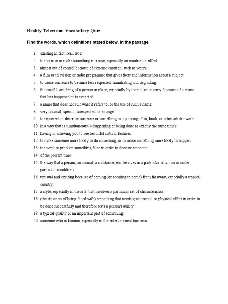 Reality Television Vocabulary Quiz | PDF