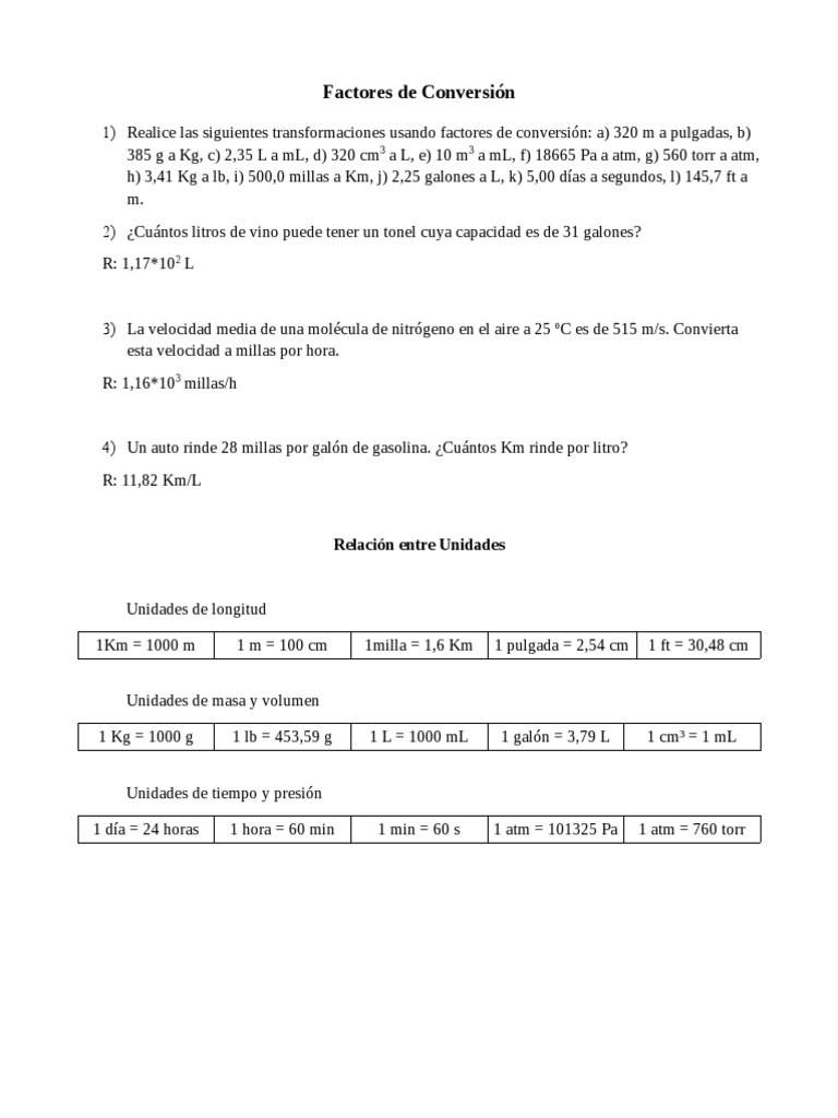 Ejercicios de Factores de Conversión | PDF