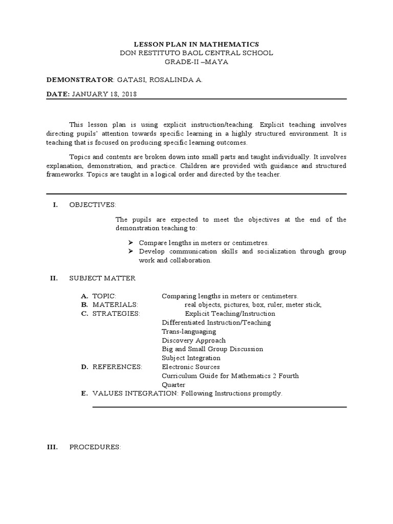 Lesson Plan in Mathematics 2 | PDF | Lesson Plan | Teachers
