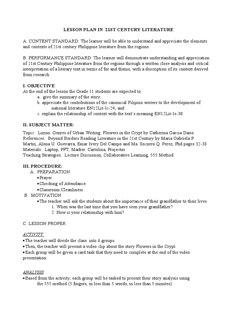LESSON PLAN IN 21ST CENTURY LITERATURE 1 | PDF | Lesson Plan | Cognition