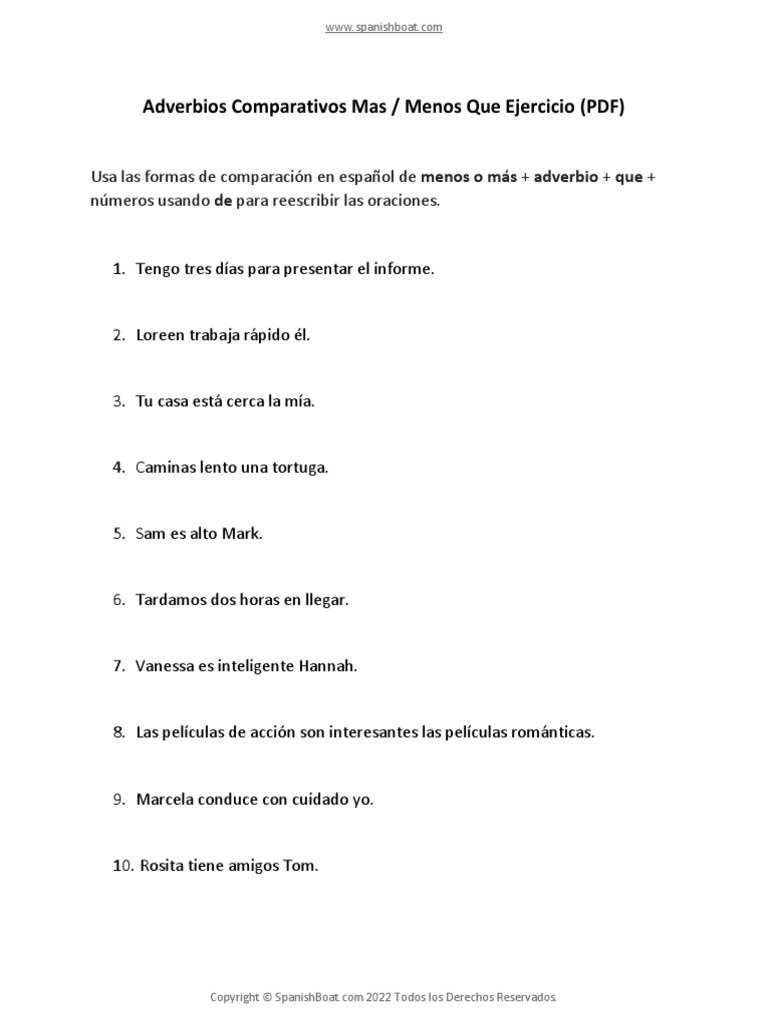 Adverbios Comparativos Mas Menos Que Ejercicio | PDF