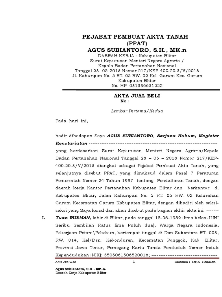Pejabat Pembuat Akta Tanah (PPAT) Agus Subiantoro, S.H., MK.N | PDF