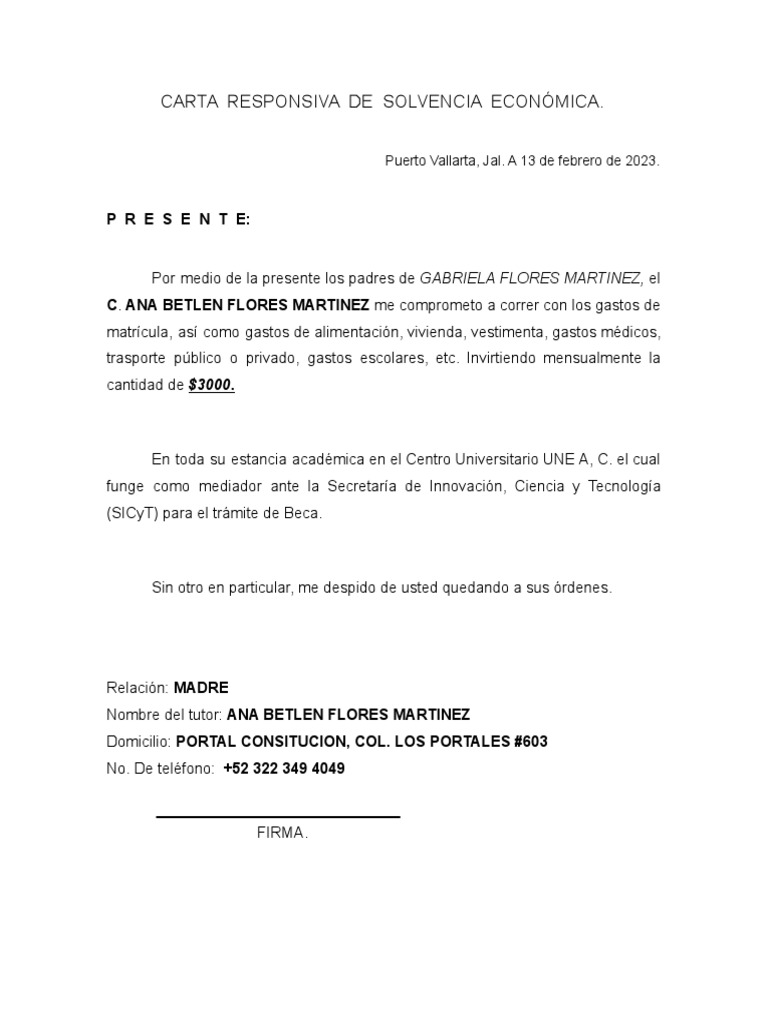 Carta Responsiva de Solvencia Económica | PDF
