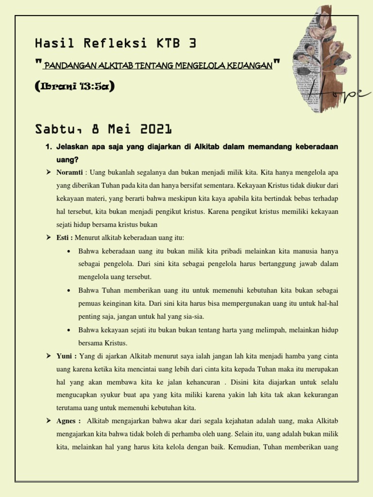 Hasil Refleksi KTB Pandangan Alkitab Tentang Mengelola Keuangan ...