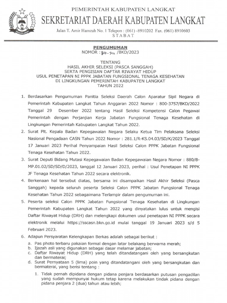 Pengumuman Final Hasil Sanggah Nilai Dan Pengisian DRH PPPK Kesehatan | PDF