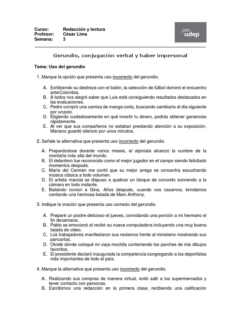 Gerundios, Conjugaciones y Haber Impersonal Ficha | PDF | Verbo | Desempleo