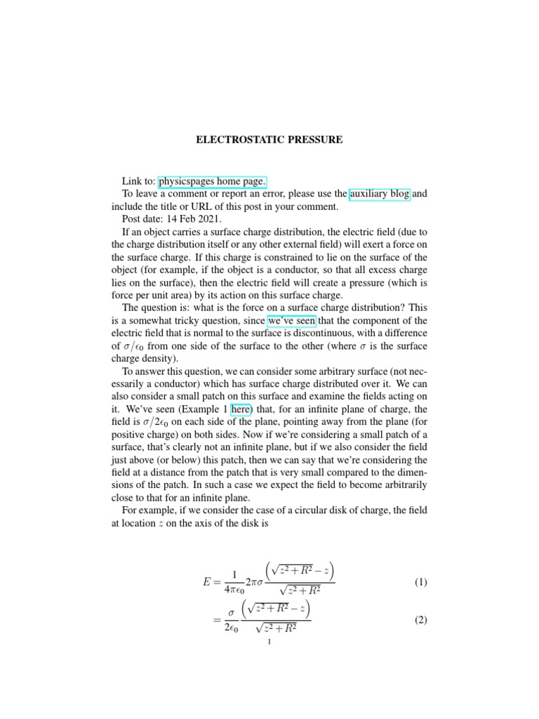 Electrostatic Pressure | PDF | Electrostatics | Force