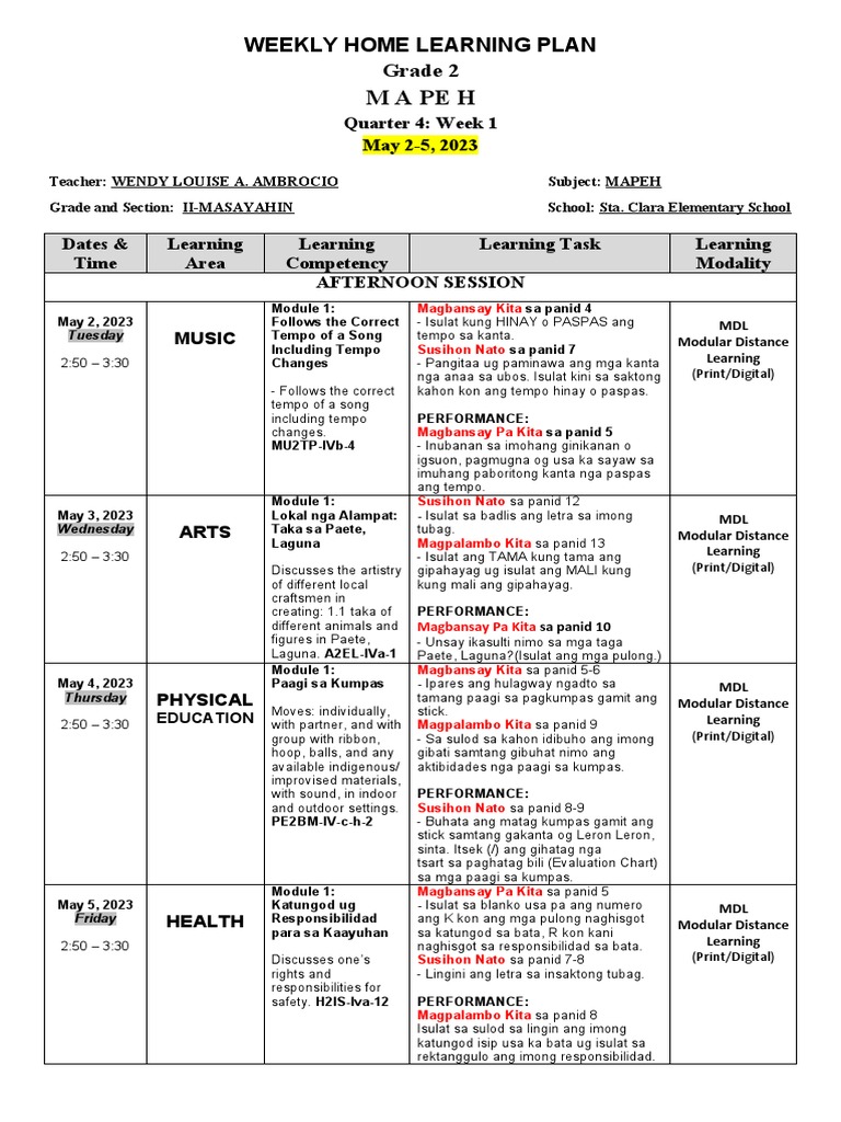 WHLP MAPEH Q4-wk1 | PDF