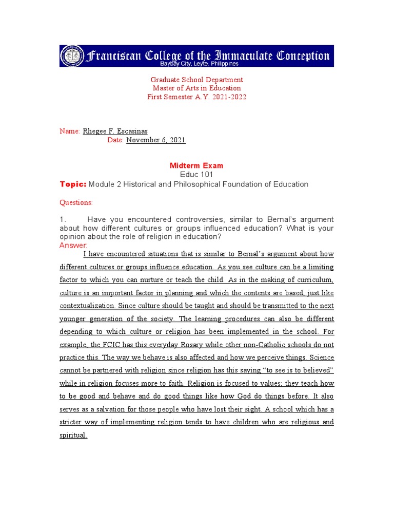 Escasinas Rhegee Educ 101 Midterm Exam 2021 | PDF | Curriculum | Teachers