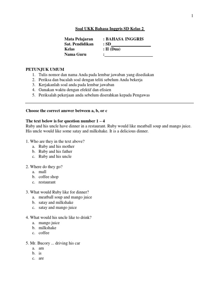 Soal UKK Bahasa Inggris SD Kelas 2 | PDF
