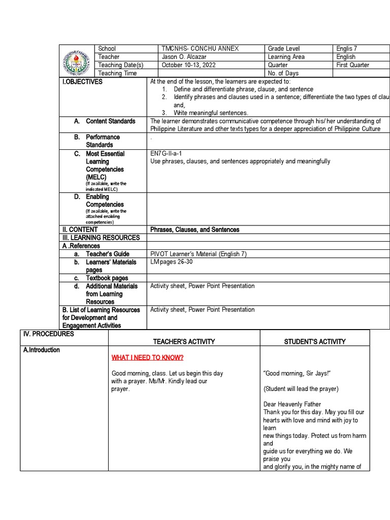 IDEA Lesson Plan Grade 7 English Phrases Clauses Sentences | PDF