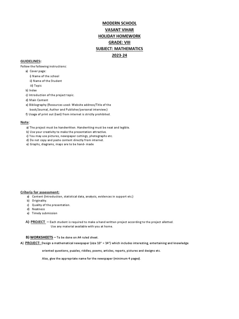 Mathematics Holiday Homework for Grade VIII | PDF