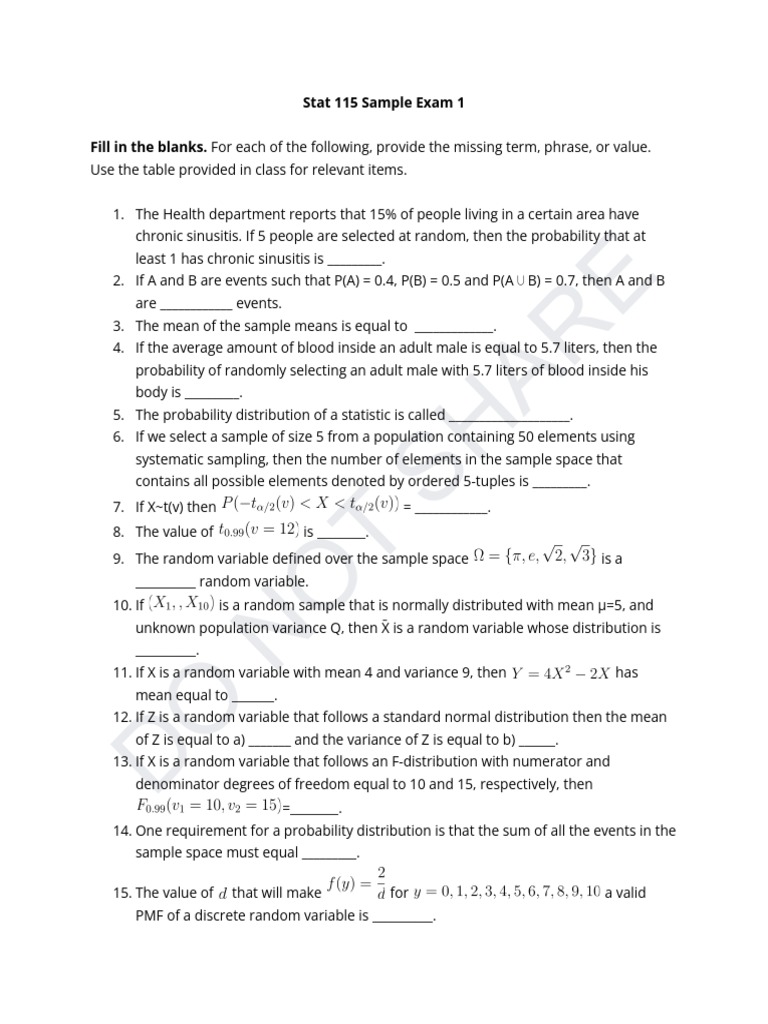 Stat 115 Sample Exam 1 | PDF | Mean | Variance