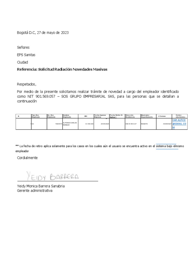 Referencia: Solicitud Radiación Novedades Masivas | PDF