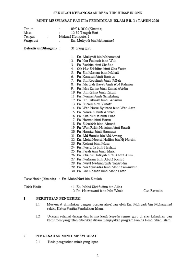 Minit Mesyuarat Panitia Pi Bil 1 | PDF