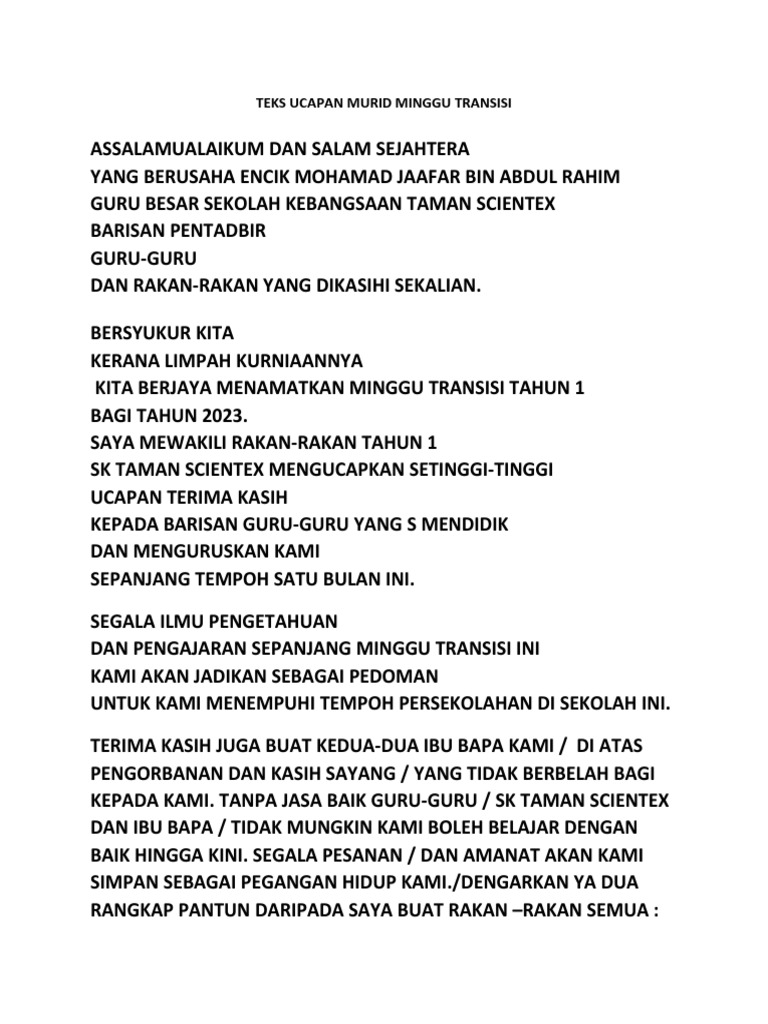 TEKS UCAPAN MURID MINGGU TRANSISI | PDF