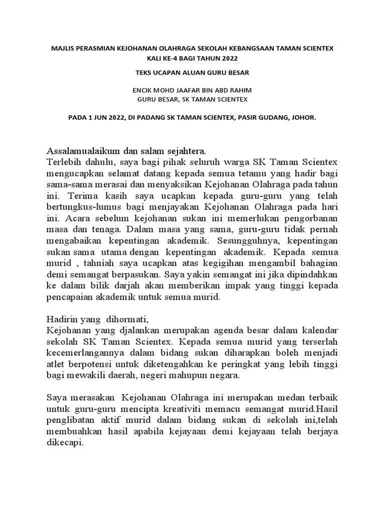Teks Ucapan Aluan Guru Besar Kejohanan Olahraga Kali 4 Tahun 2022 | PDF