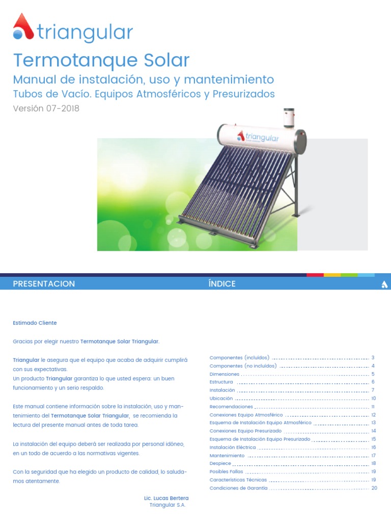 Manual de Instalación Termotanque Solar | PDF | Agua | Tubo vacío