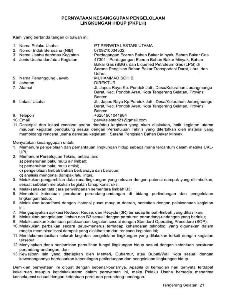 Surat Pernyataan SPPL Kbli 47301 PT Perwita | PDF | Bisnis | Teknologi & Rekayasa
