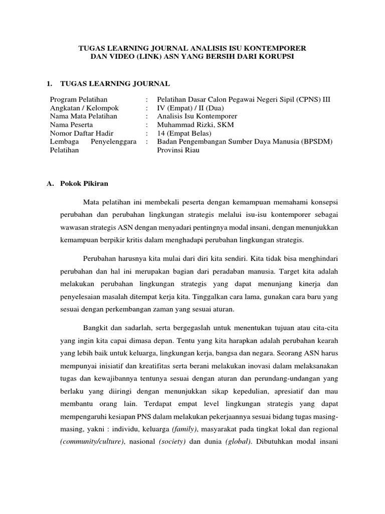 Tugas Learning Journal Analisis Isu Kontemporer Dan Video Asn Bersih ... Tugas Learning Journal Analisis Isu Kontemporer Dan Video Asn Bersih ...