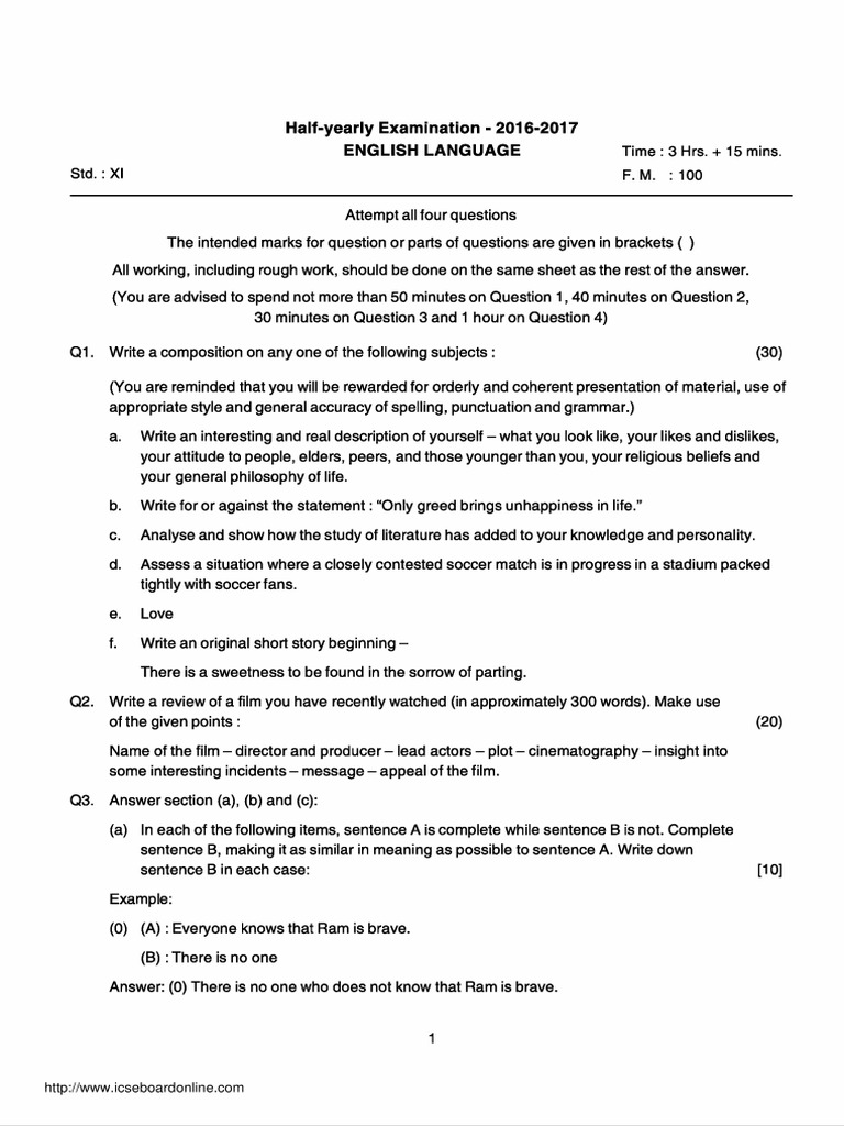 Isc Class 11 Hy English Language 2017 | PDF