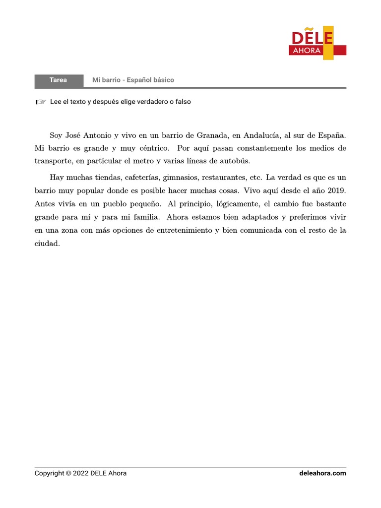 Dele A1 Mi Barrio. Comprensión de Lectura | PDF