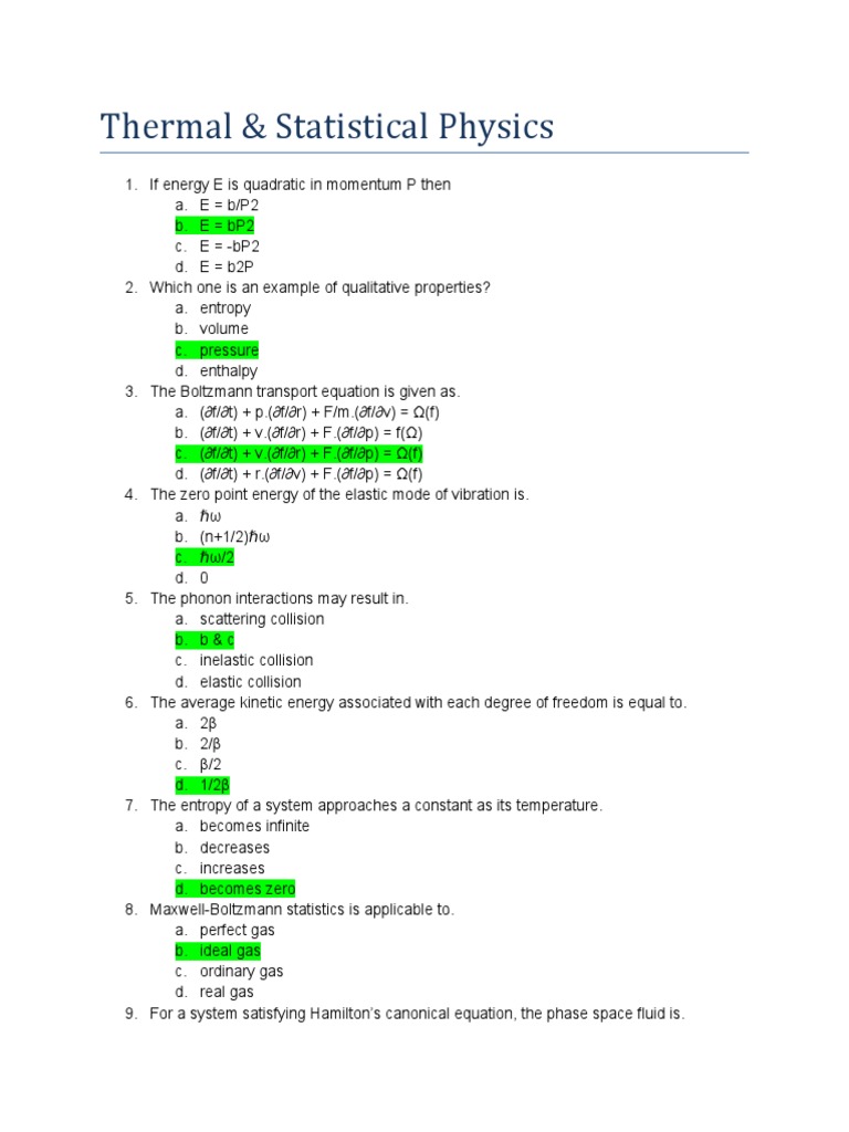 Mcq's Thermal and Statistical Physics-1 | PDF | Temperature | Gases