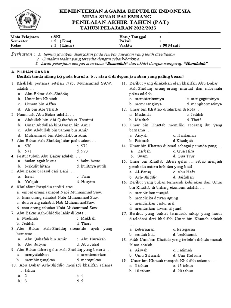 Soal Pas Genap Ski KLS 5 2023 | PDF | Agama & Spiritualitas