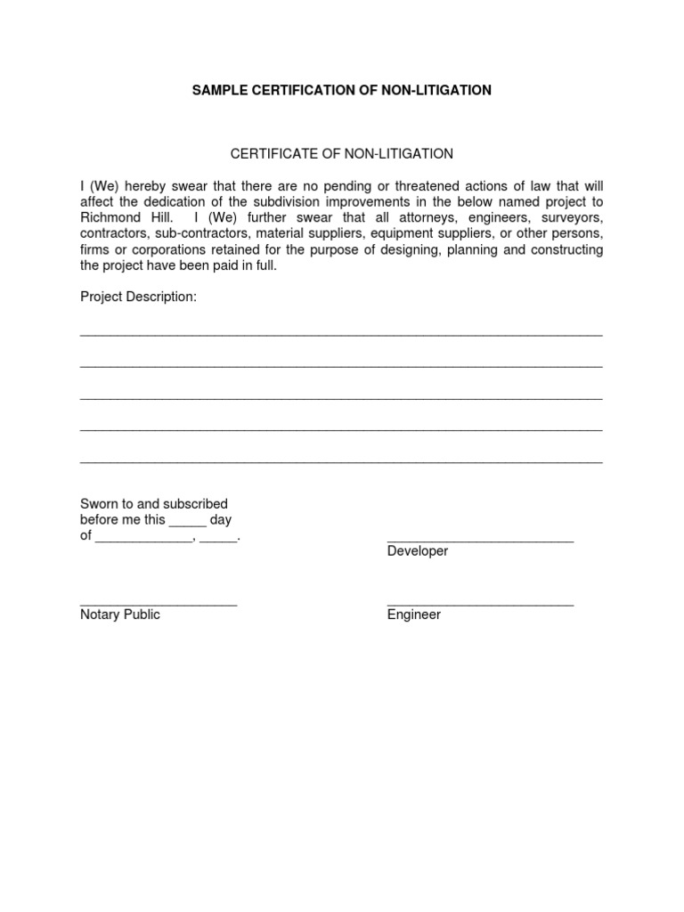 Sample Certification of Non Litigation | PDF