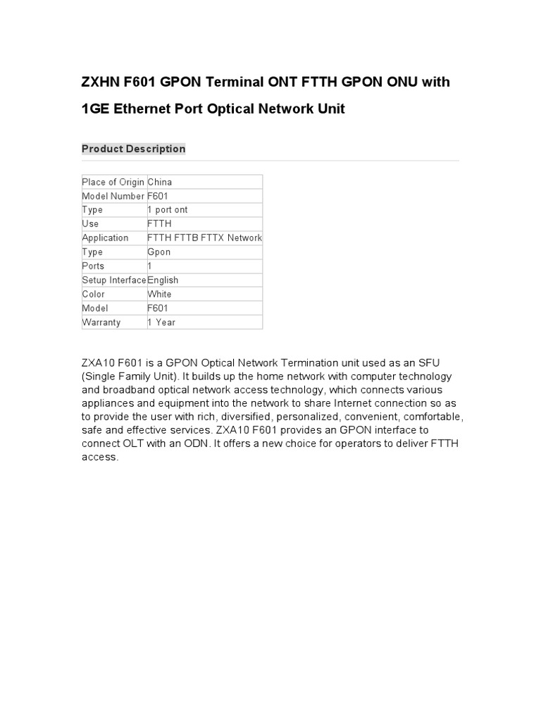 ZXHN F601 Gpon Terminal Ont FTTH Gpon Onu With 1GE Ethernet Port Optical Network Unit | PDF