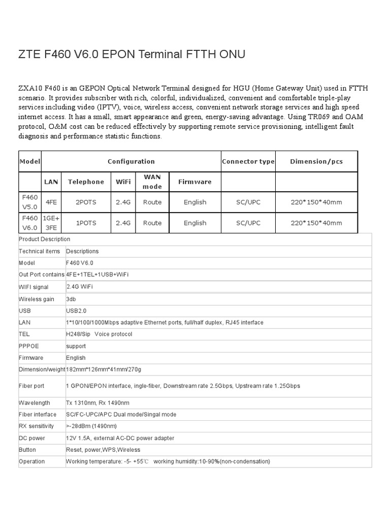 ZTE F460 V6.0 EPON Terminal Overview | PDF | Computers