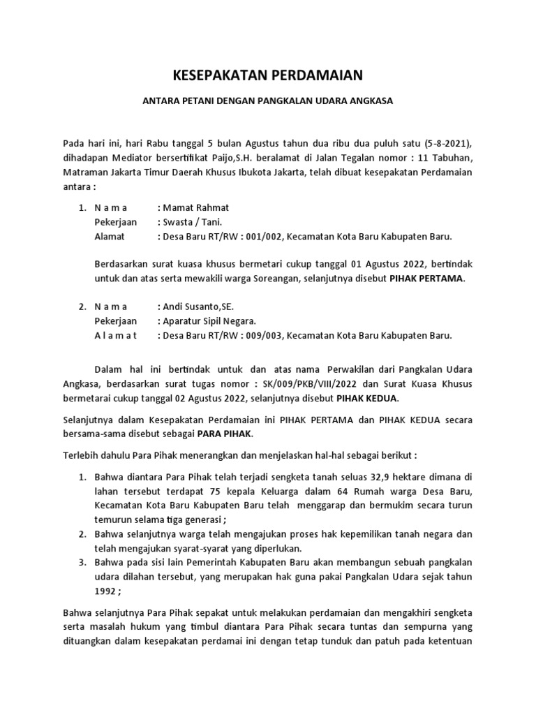 Contoh KESEPAKATAN PERDAMAIAN | PDF