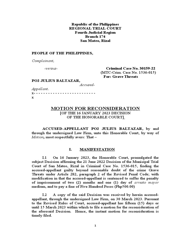 Motion For Reconsideration Criminal Case | PDF | Reasonable Doubt | Presumption Of Innocence
