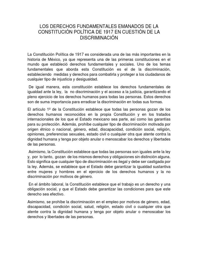 Los Derechos Fundamentales Emanados de La Constitución Política de 1917 en Cuestión de La ...