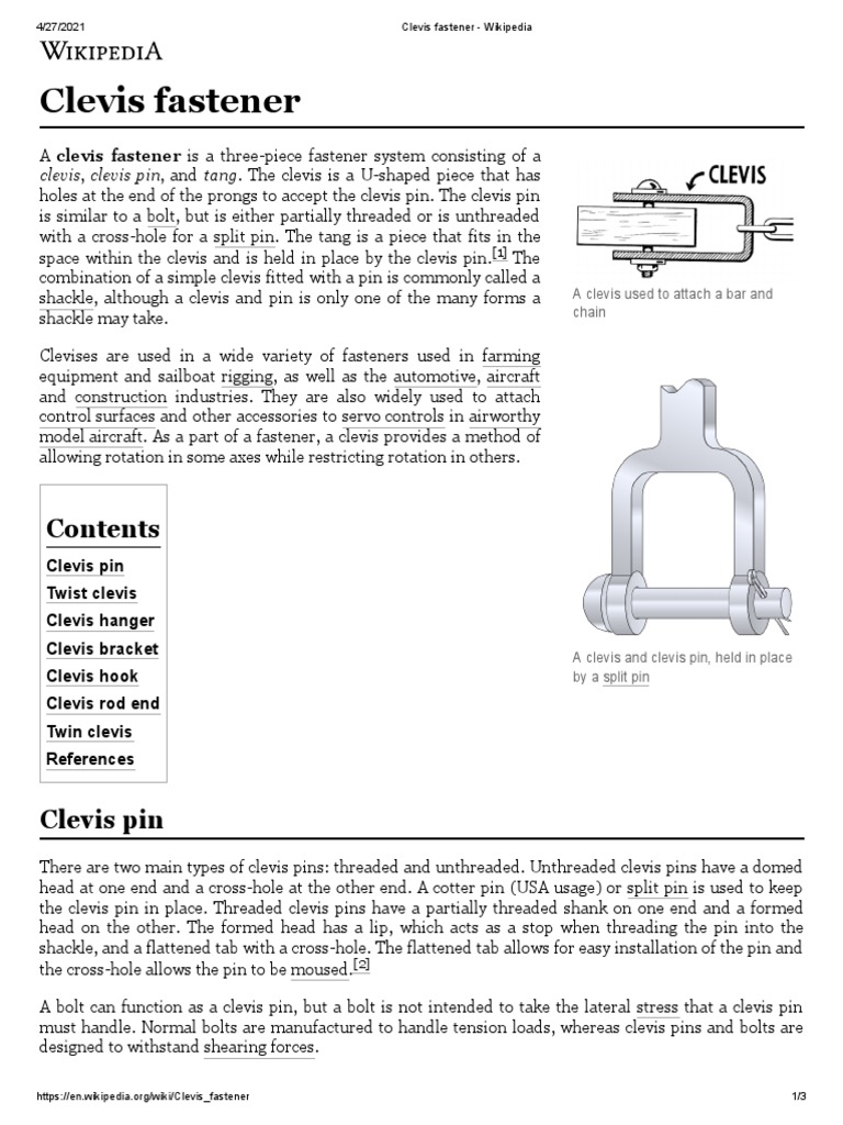Clevis Fastener - Wikipedia | PDF | Mechanical Engineering | Manufactured Goods