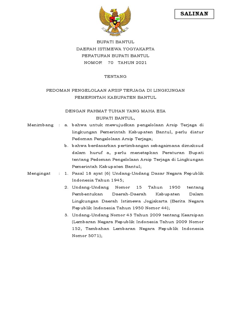 Perbup Kab. Bantul No 70 Tahun 2021 TTG Pedoman Pengelolaan Arsip ... Perbup Kab. Bantul No 70 Tahun 2021 TTG Pedoman Pengelolaan Arsip ...