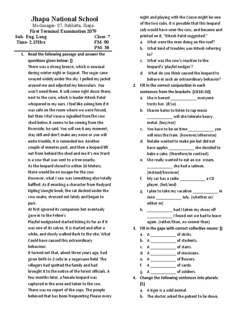Class 7 Eng Lang Second Term 2079 | PDF