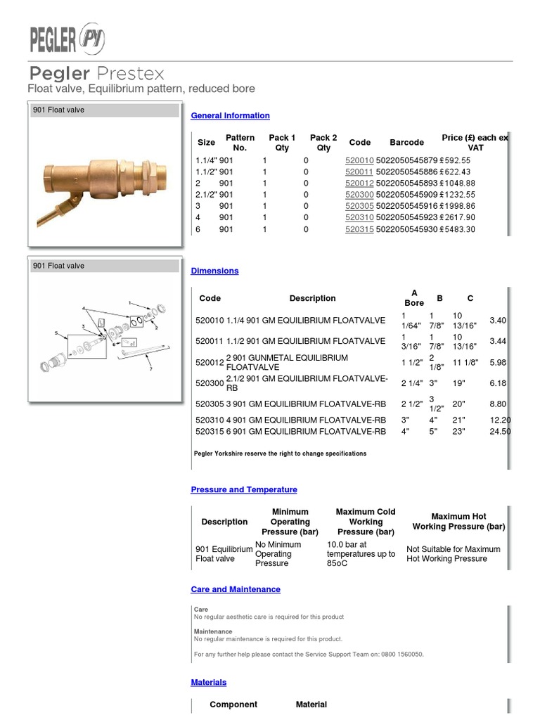 Pegler 901 Equilibrium Float Valve Specs | PDF | Valve | Flow Measurement