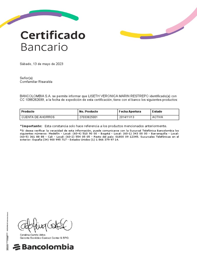 Certificado Bancario | PDF | Finanzas y dinero
