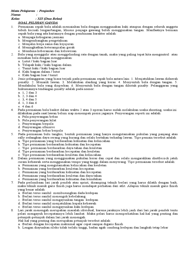 Soal Penjaskes Kelas XII | PDF