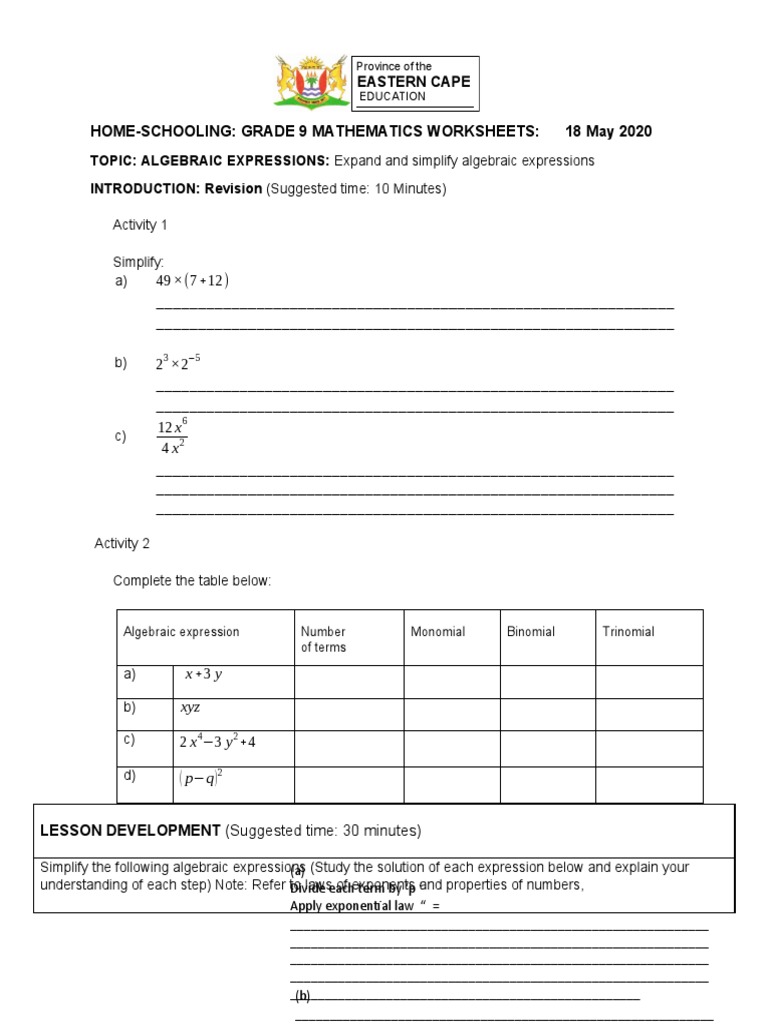 Mathematics - Grade 9 Worksheet- Algebraic Expressions (1) | PDF ...