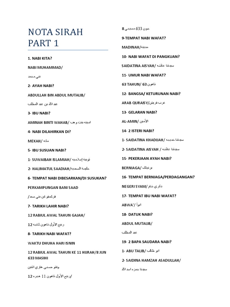 Nota Sirah Part 1 | PDF
