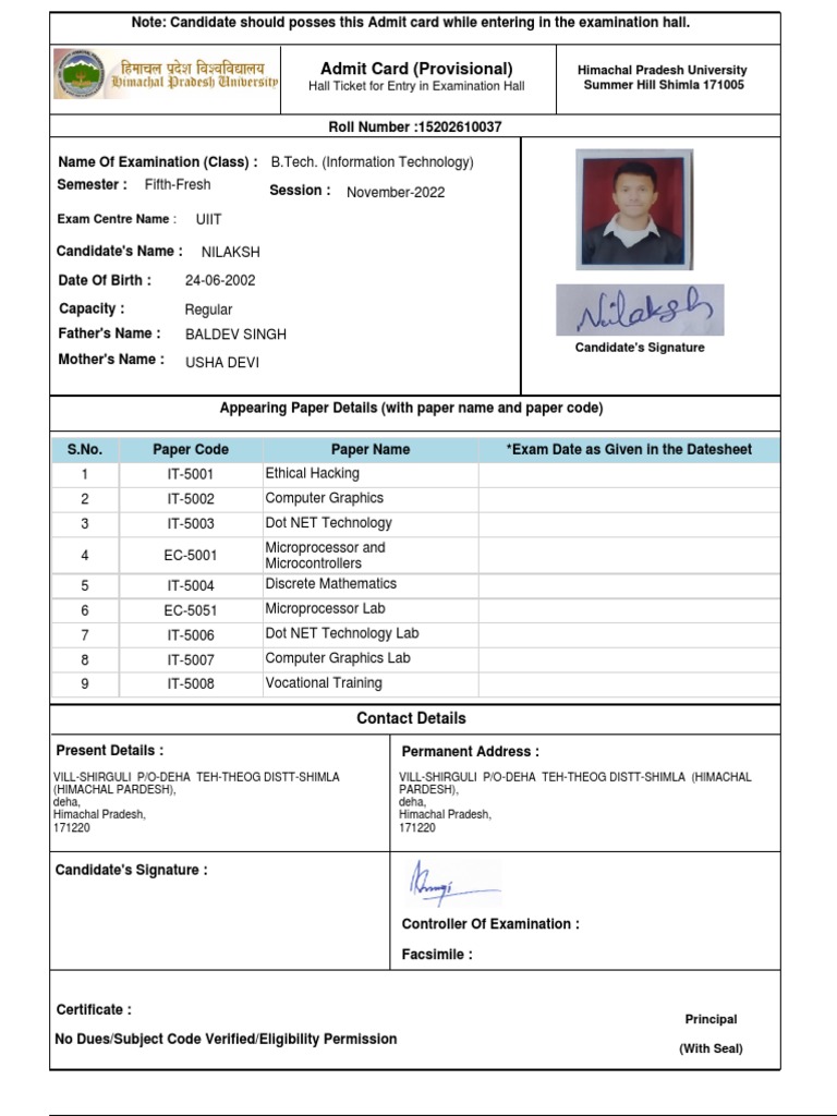 Admit Card | PDF | Computing