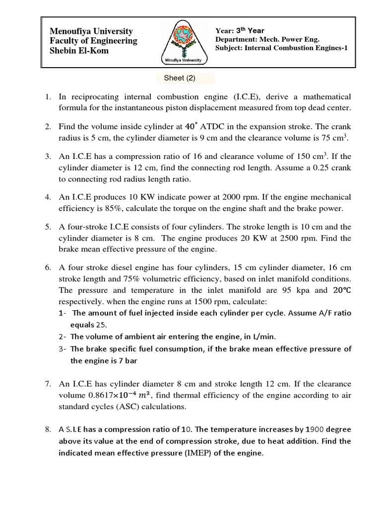 Sheet 2 Internal Combustion Engine | PDF
