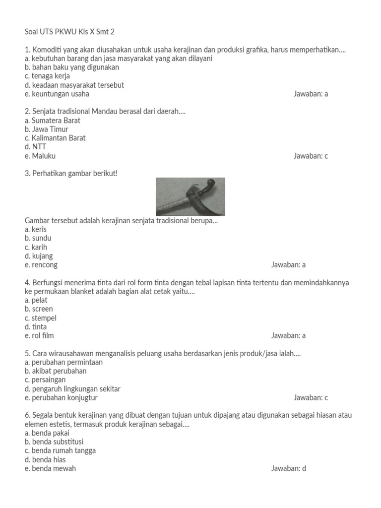 Soal UTS PKWU Kls X SMT 2 | PDF