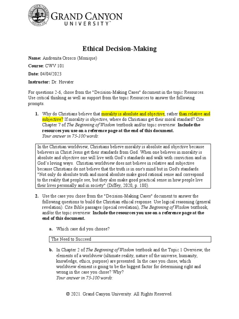 CWV-101-301 Andrenita 2023 EthicalDecisionMaking | PDF | God | Bible