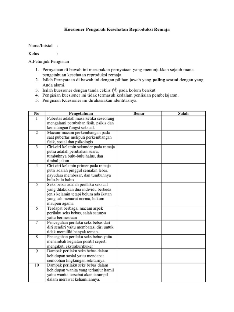Kuesioner Kespro | PDF | Pengembangan Diri | Kesehatan Holistik