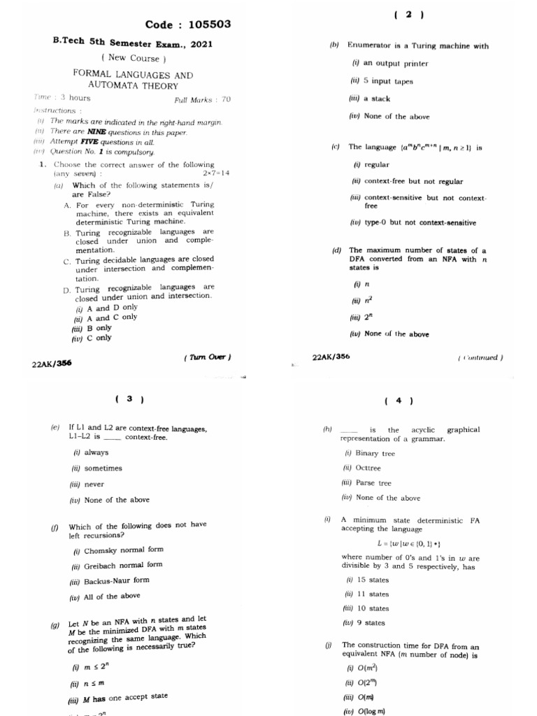 Btech 5 Sem Formal Languages and Automata Theory 105503 2021 | PDF