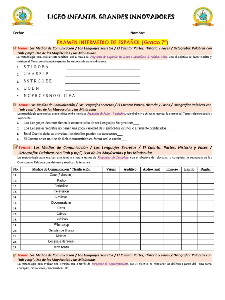 Examen Intermedio Español (Grado 7°) | PDF | Cuentos